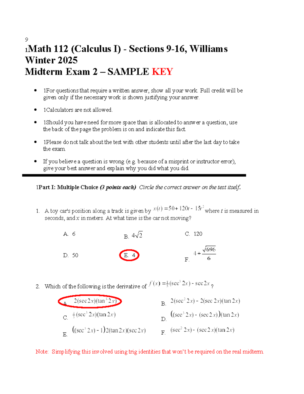 Math 112 - Calculus I Midterm Exam 2 Sample Key (Winter 2025) - 9 1 Math 112 (Calculus I ...