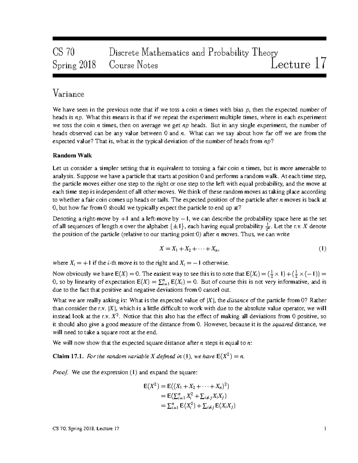 CS 70 Spring 2018 Lecture 17: Variance in Discrete Mathematics - Studocu
