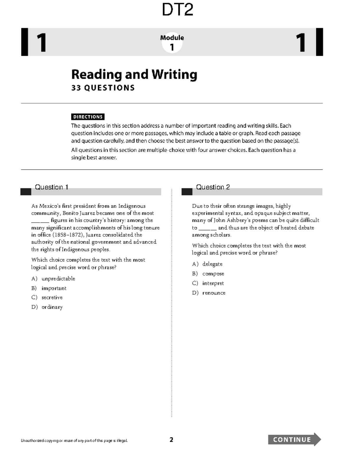 Đề SAT 2 - Module 1 Reading and Writing Practice Questions - Studocu