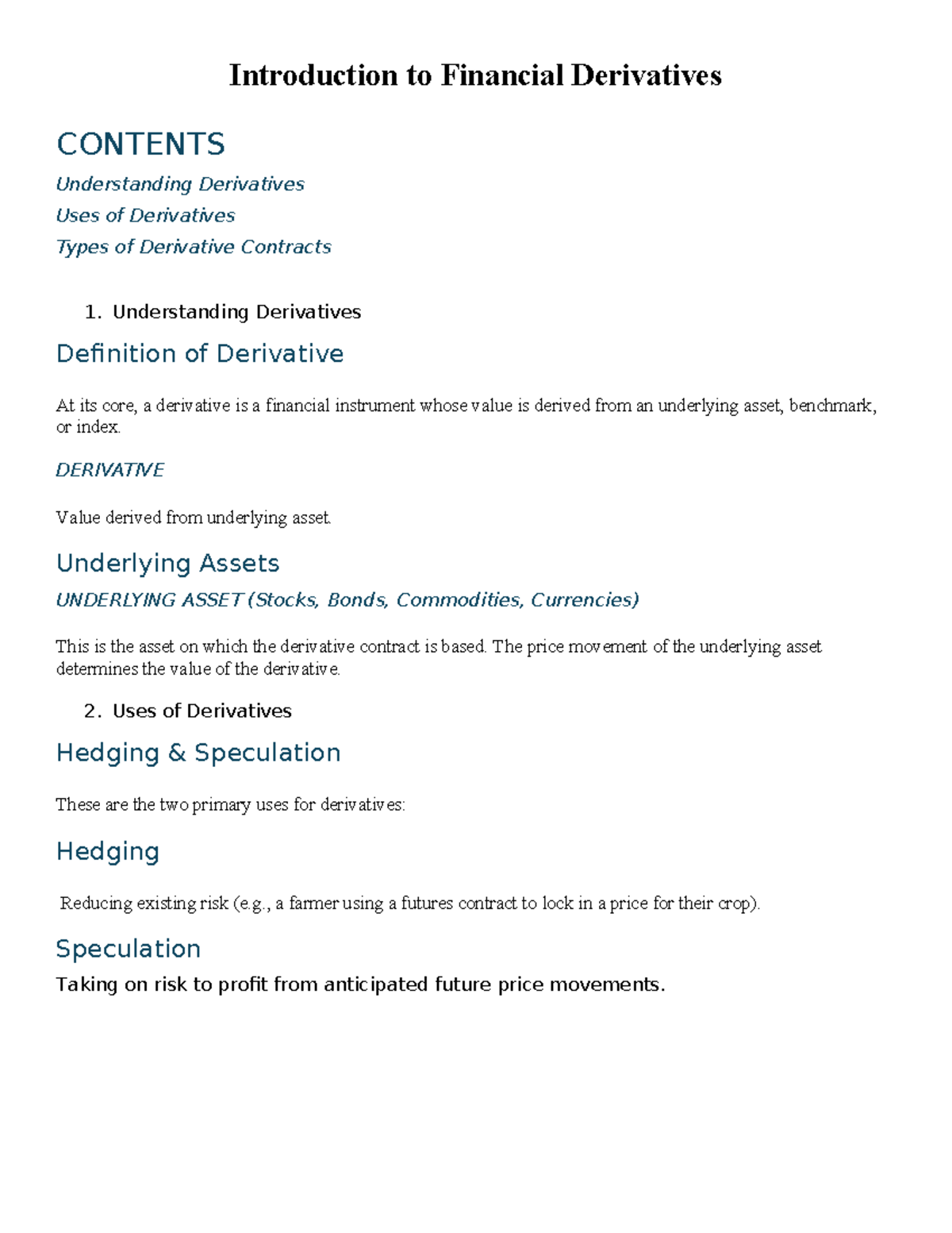 FIN 301: Introduction to Financial Derivatives Overview and Types - Studocu