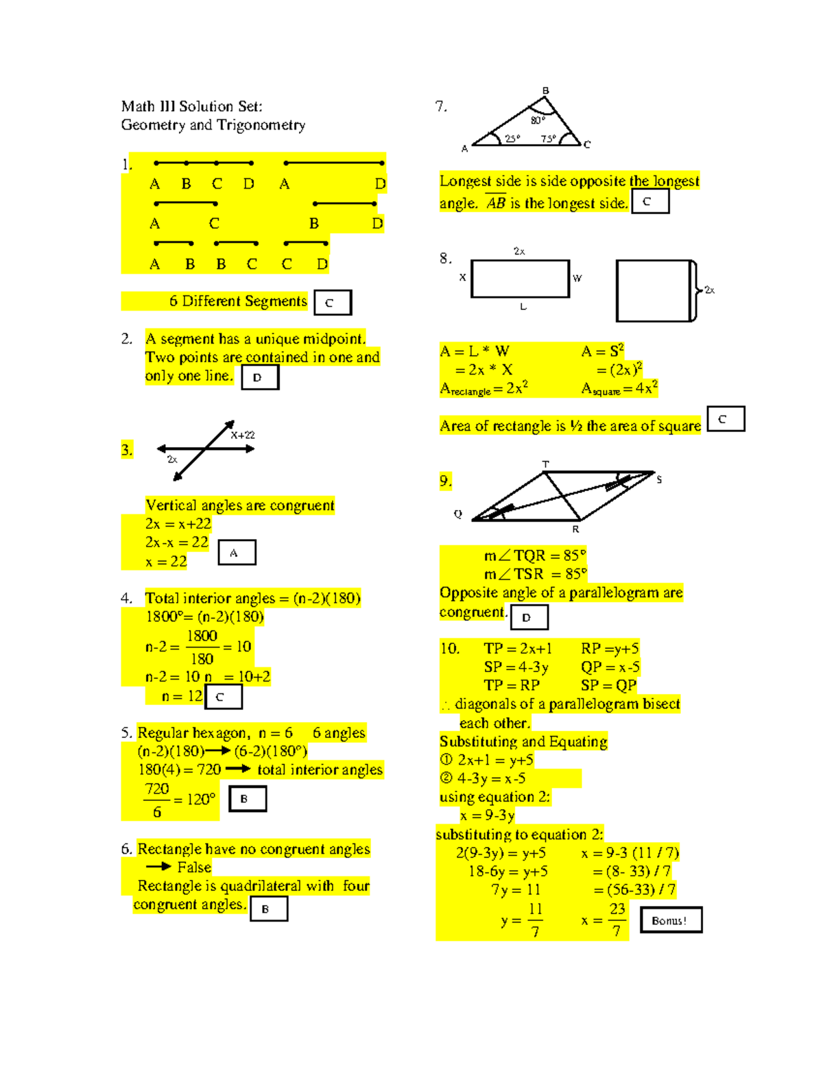 B Math Solution Set: Geometry and Trigonometry Answers - Studocu