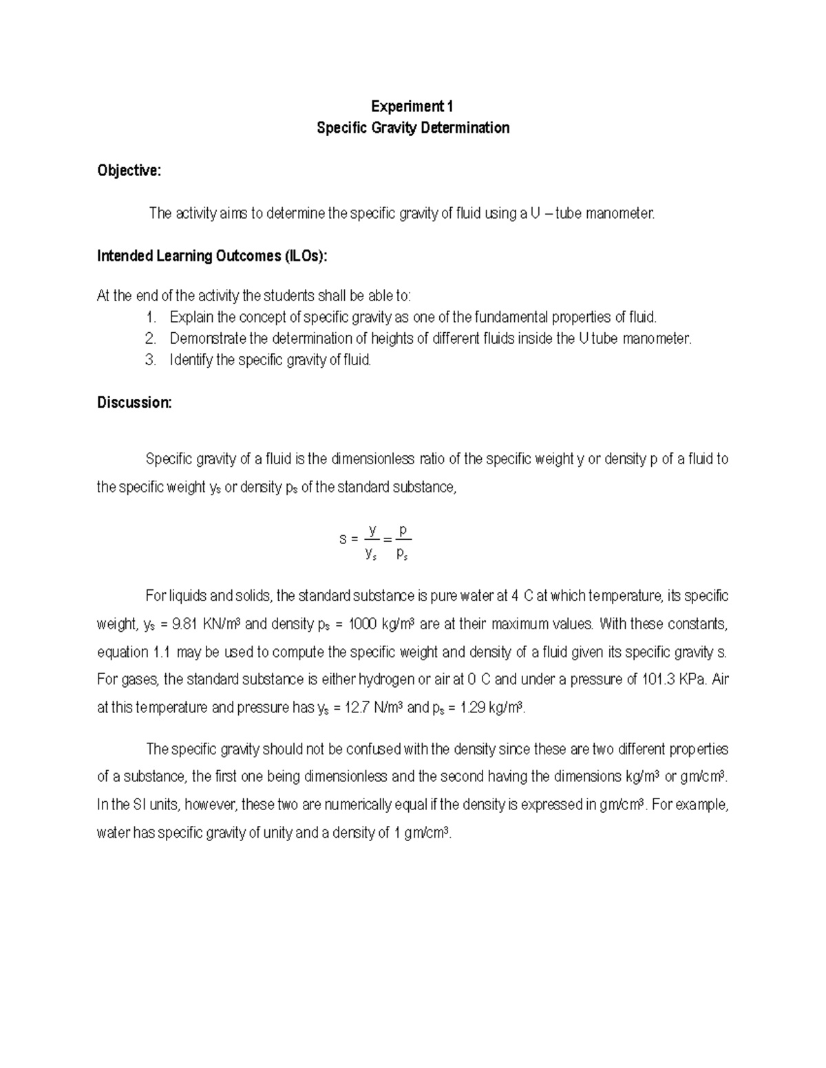 Experiment 1: Specific Gravity Determination in Fluid Mechanics (CE41FB1) - Studocu