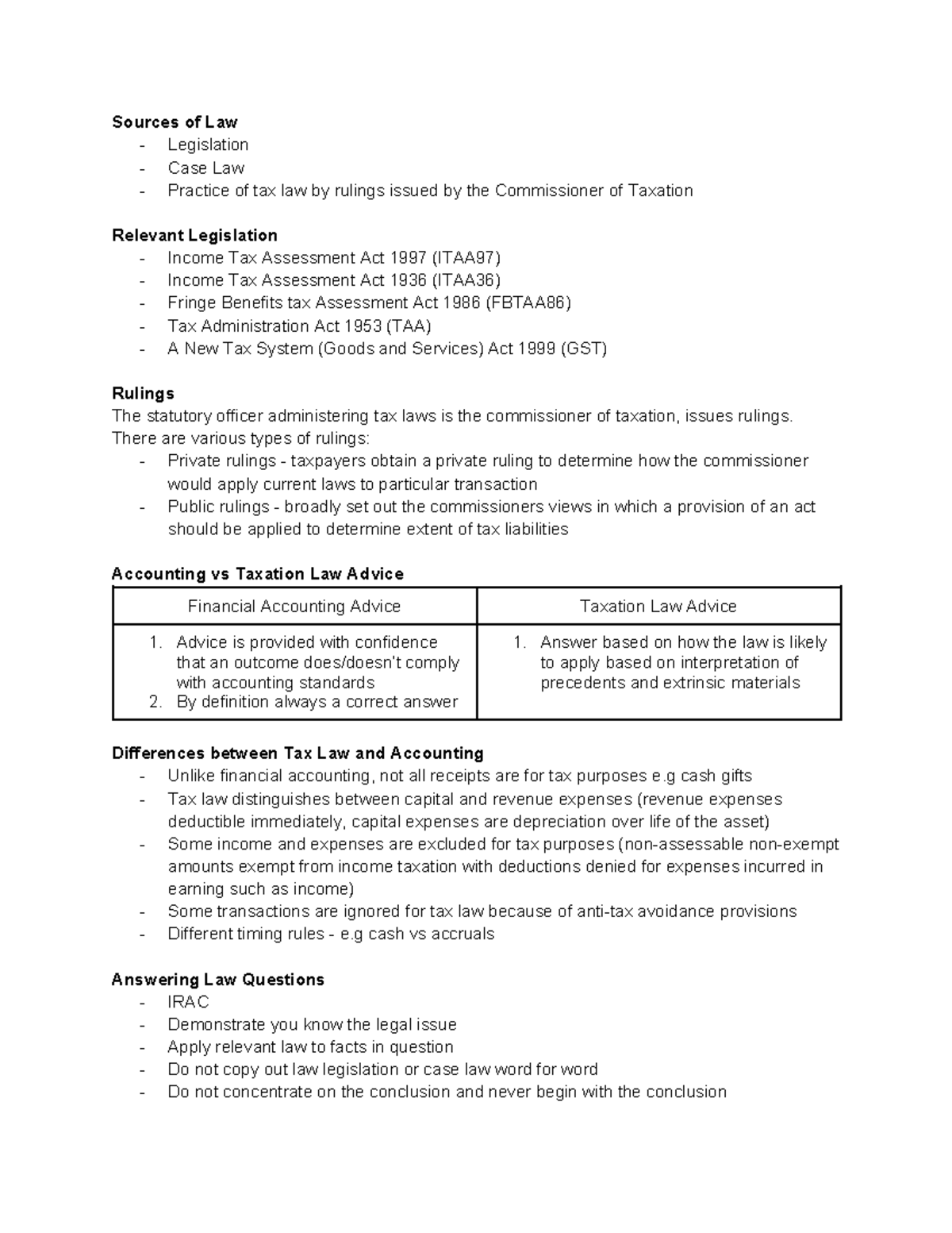 Week 1 Notes on Tax Law (LAW101) - Sources, Rulings & Income Tax - Studocu