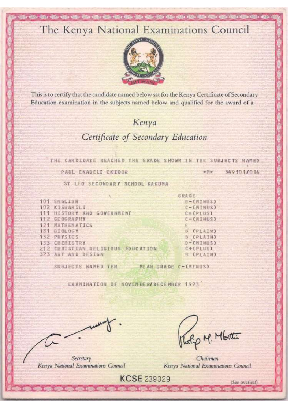 KCSE Certificate Details for Paul Ekadeli - Exam Results 1993 - Studocu
