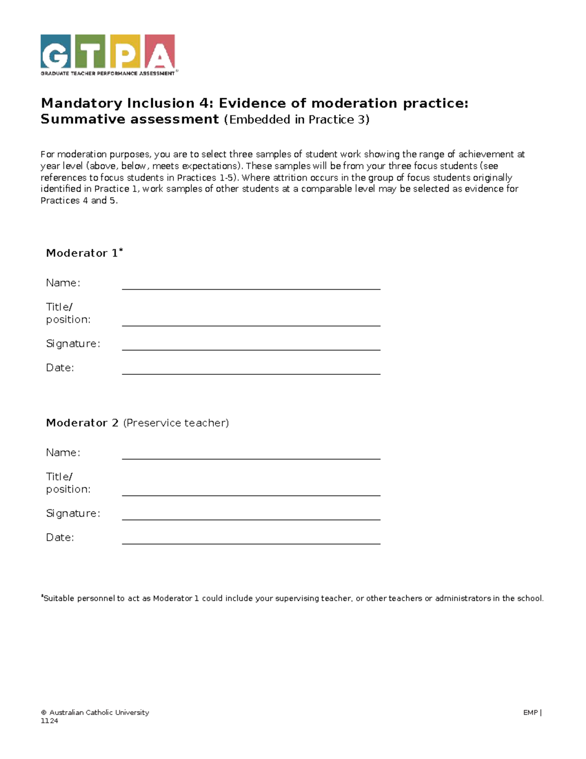 Evidence of Moderation Practice 4: Summative Assessment Samples (ACU ...
