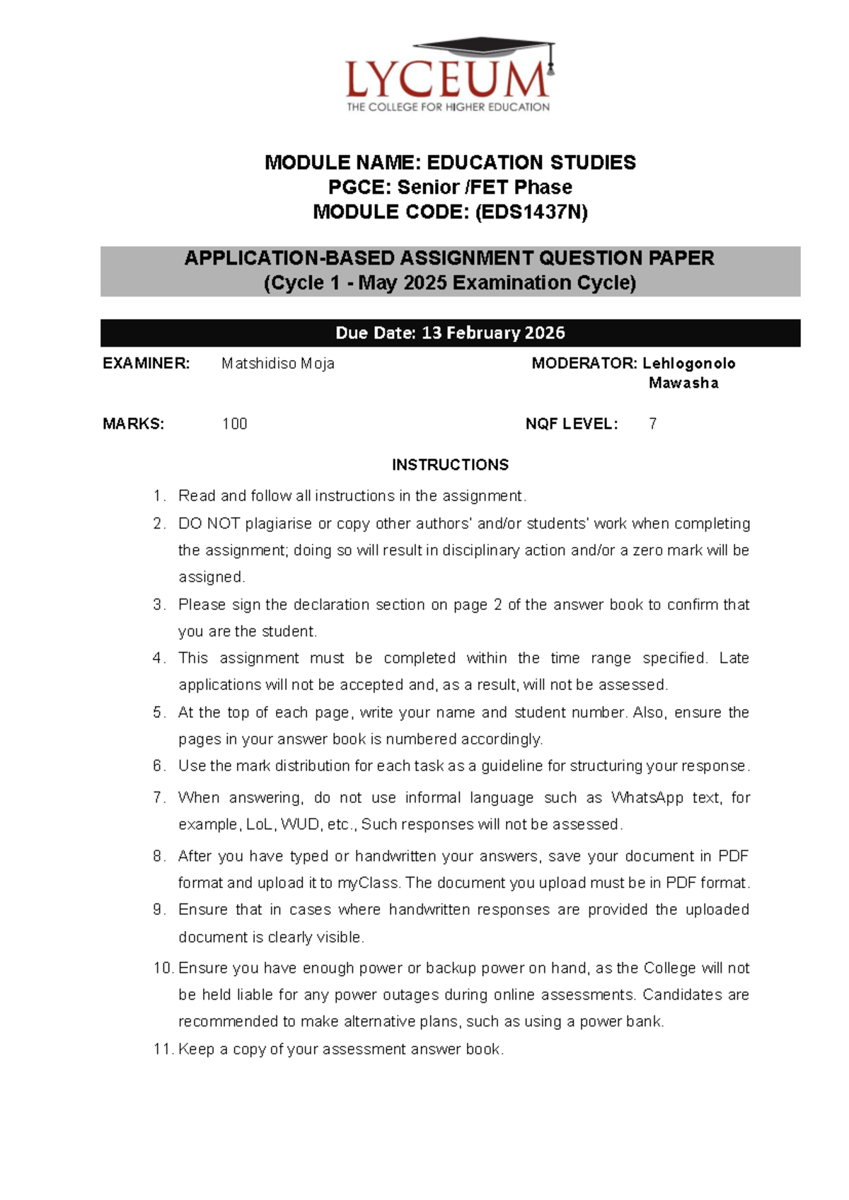 EDS1437N S1 2025 Application-Based Assignment Question Paper - Studocu