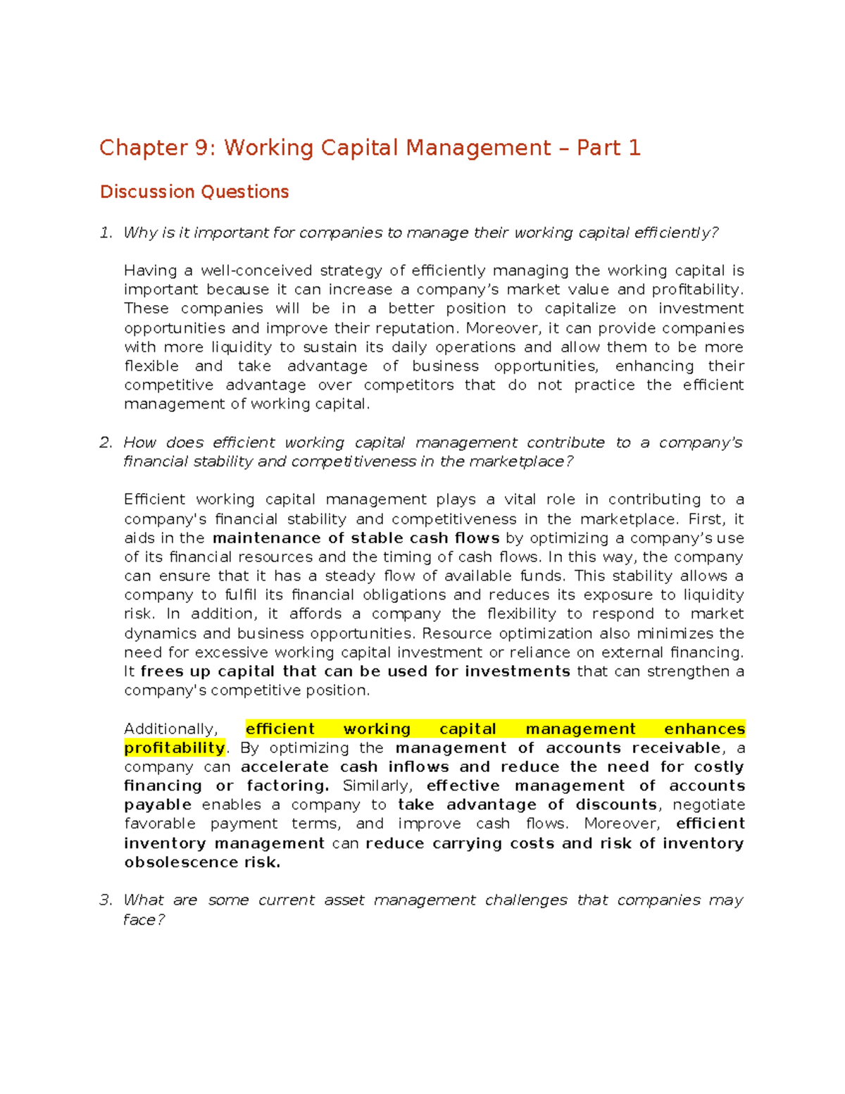 Chapter 9: Working Capital Management - Discussion Questions & Insights ...