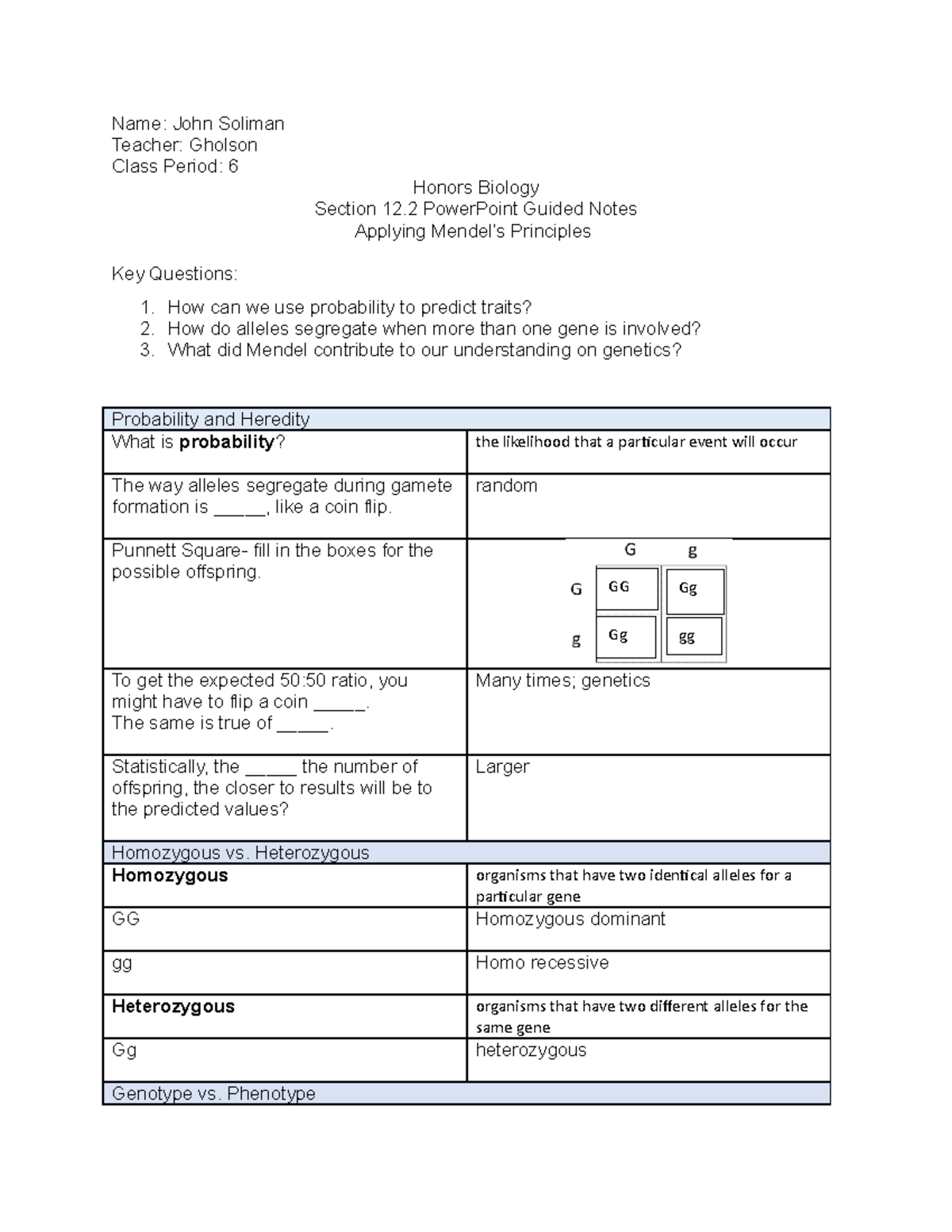 12.2 Biology Applying Mendels Principles Guided Notes - Name: John ...