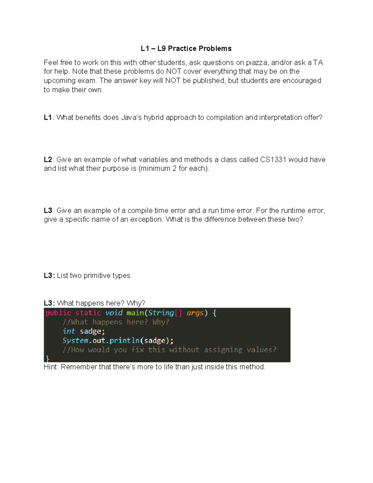 Exam 1 Practice Problems for L1 L9: Compilation, Errors, and Arrays ...