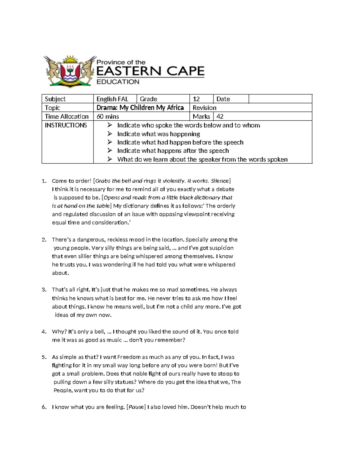 English FAL Grade 12 Drama: My Children My Africa Revision Worksheet ...