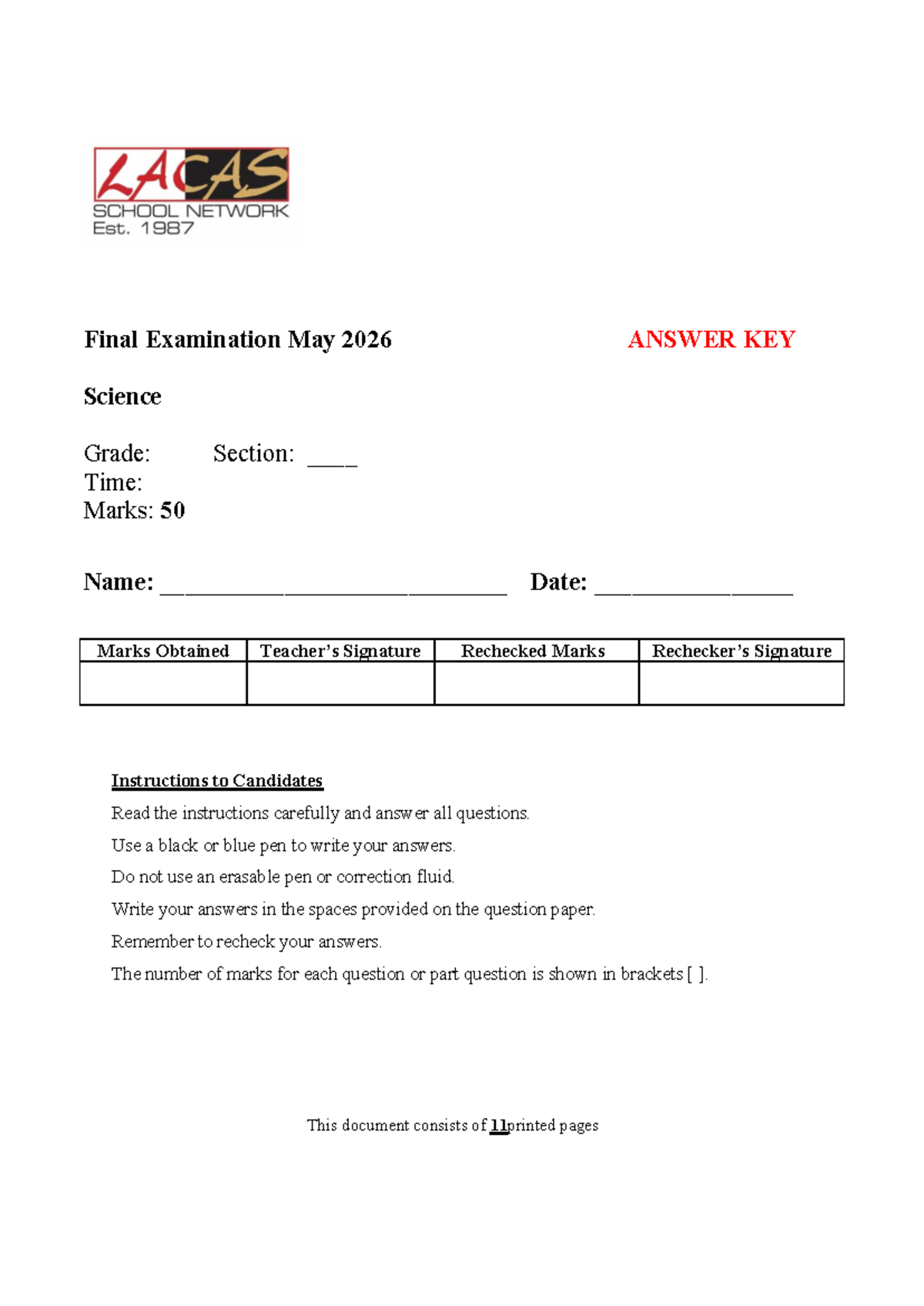 G6 Science Final Exam May 2026 - Answer Key - Studocu
