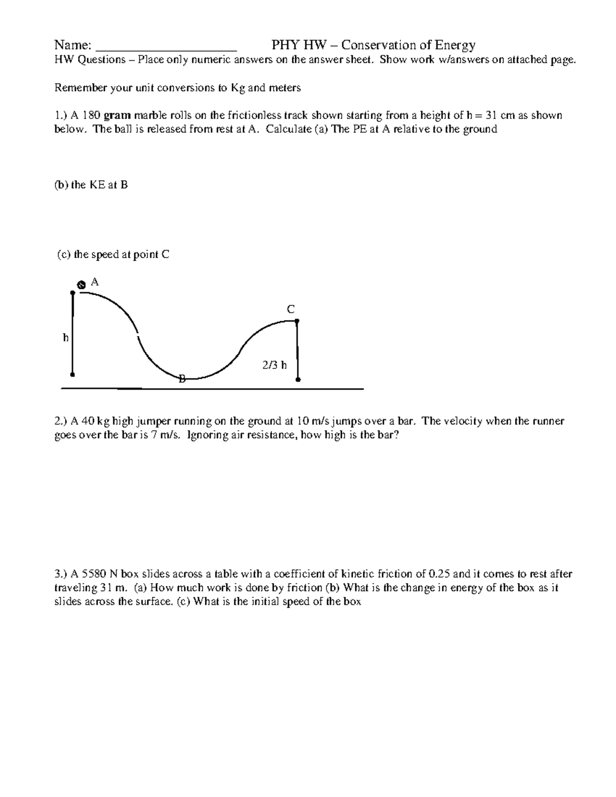 PHY HW: Conservation of Energy Problems and Solutions - Studocu