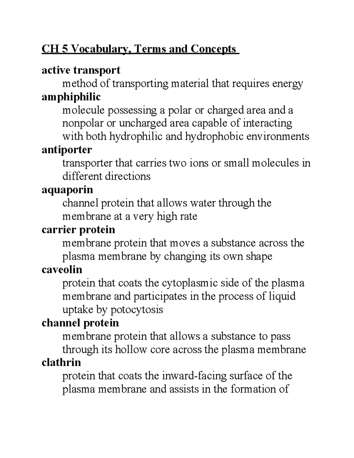 CH 5 Vocabulary: Active Transport & Membrane Proteins Concepts - Studocu