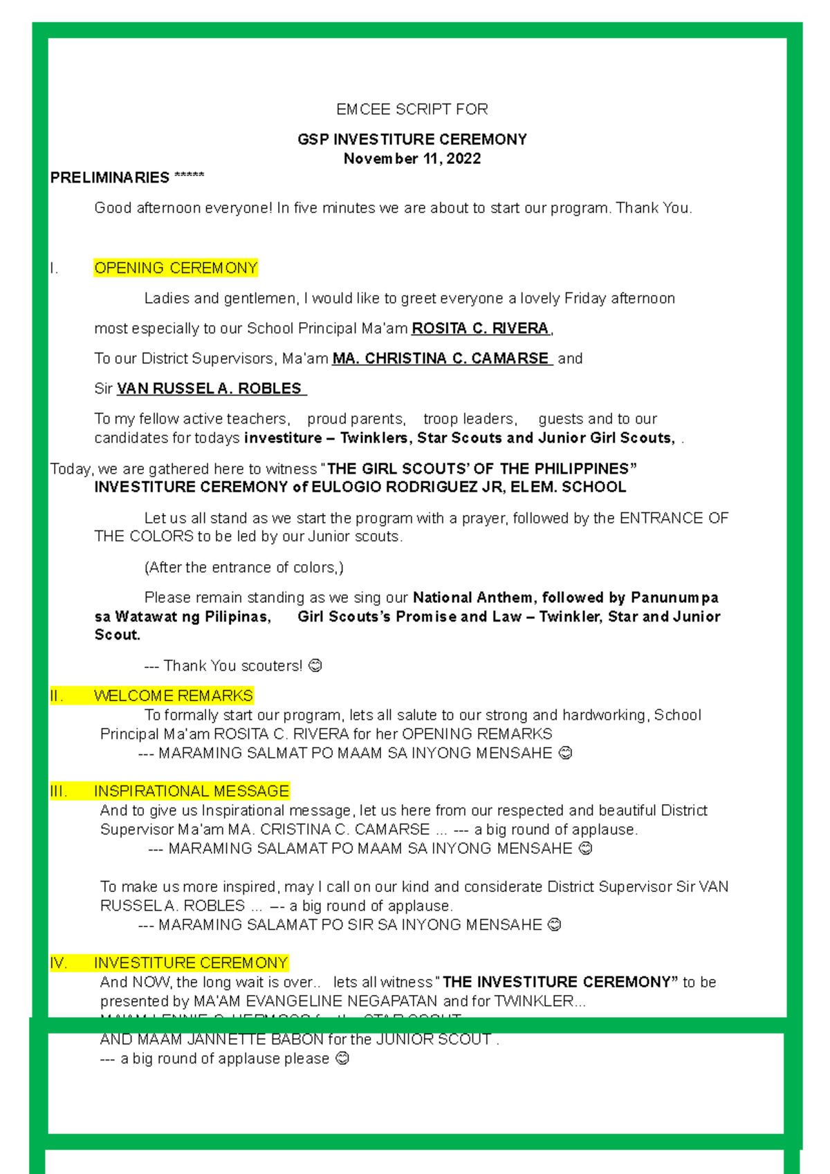 GSP Investiture Ceremony Emcee Script for Nov 11, 2022 - Studocu