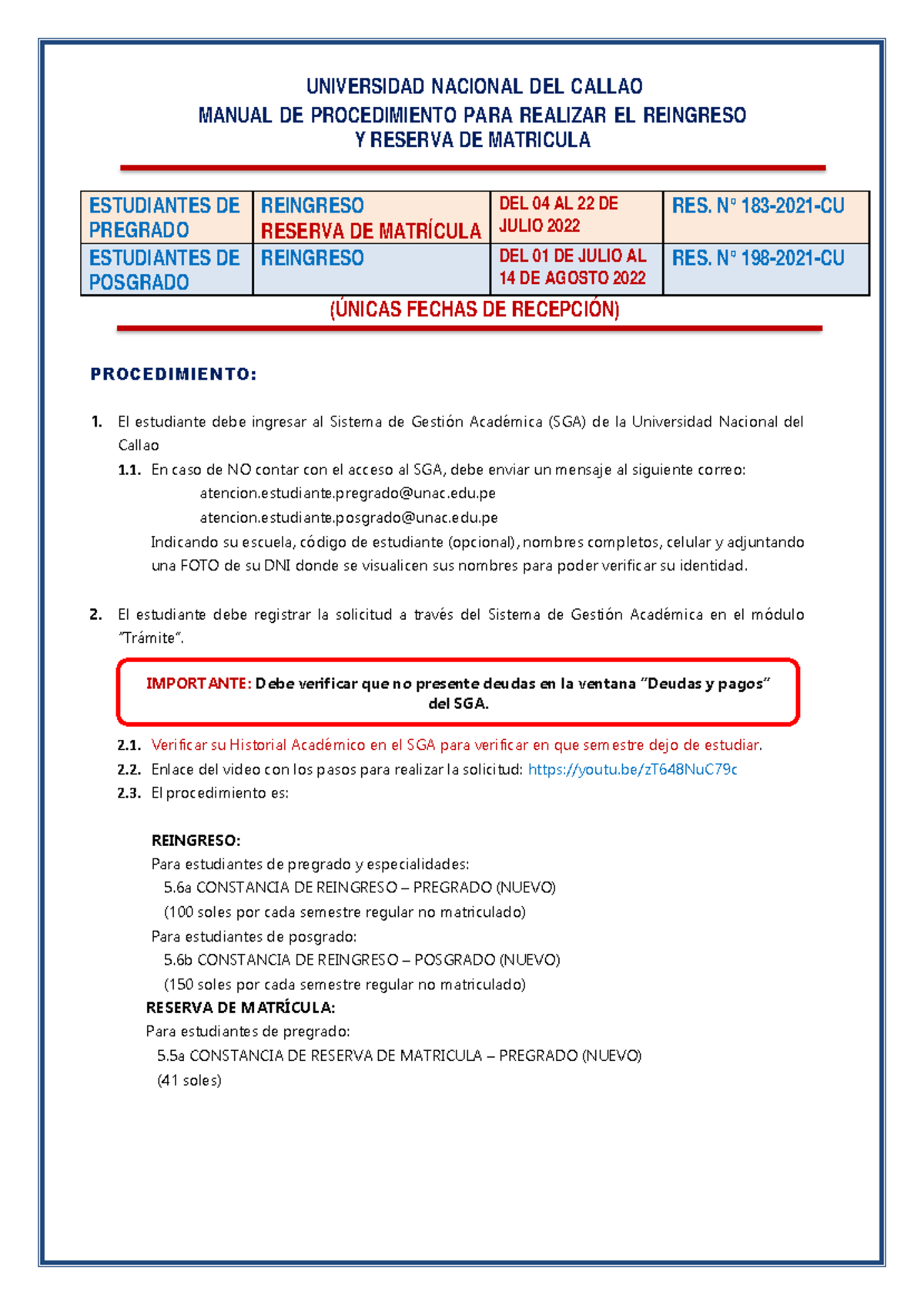 Manual de Reingreso y Reserva de Matrícula - Pregrado y Posgrado - Studocu