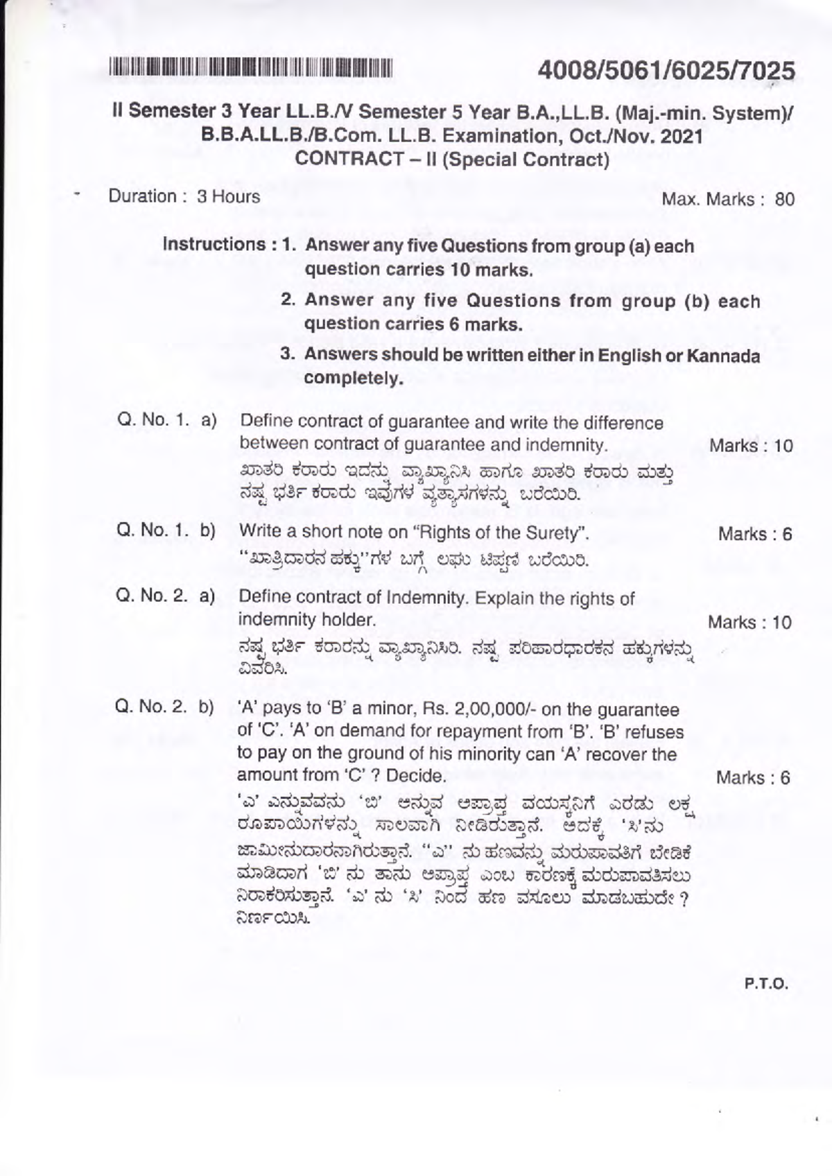 5th Sem LL.B. Contract II Exam Paper - Oct/Nov 2021 - Studocu