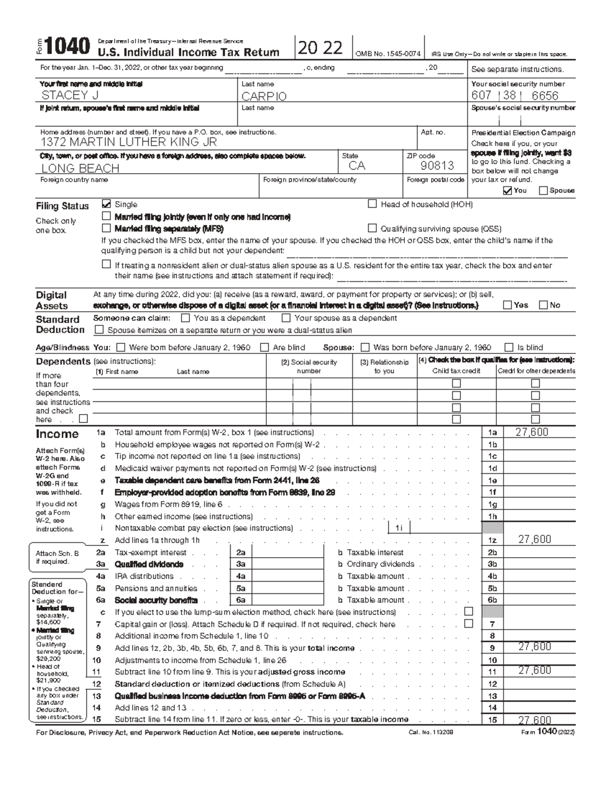 1040 Form Sample Filled for 2022 Tax Year - Studocu