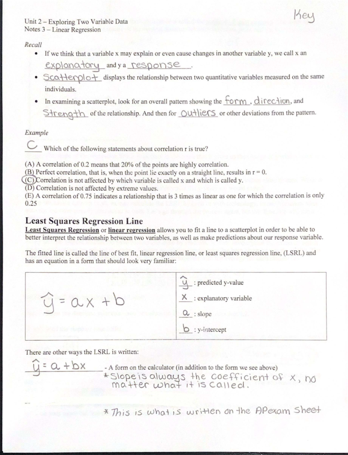 Key Unit 2 notes on exploring two-variable data and linear regression ...