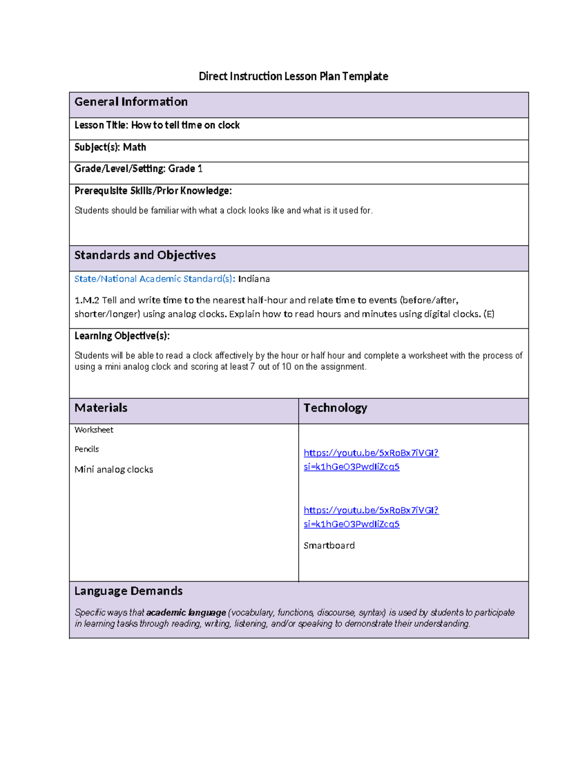Math - lesson plans - Direct Instruction Lesson Plan Template General ...