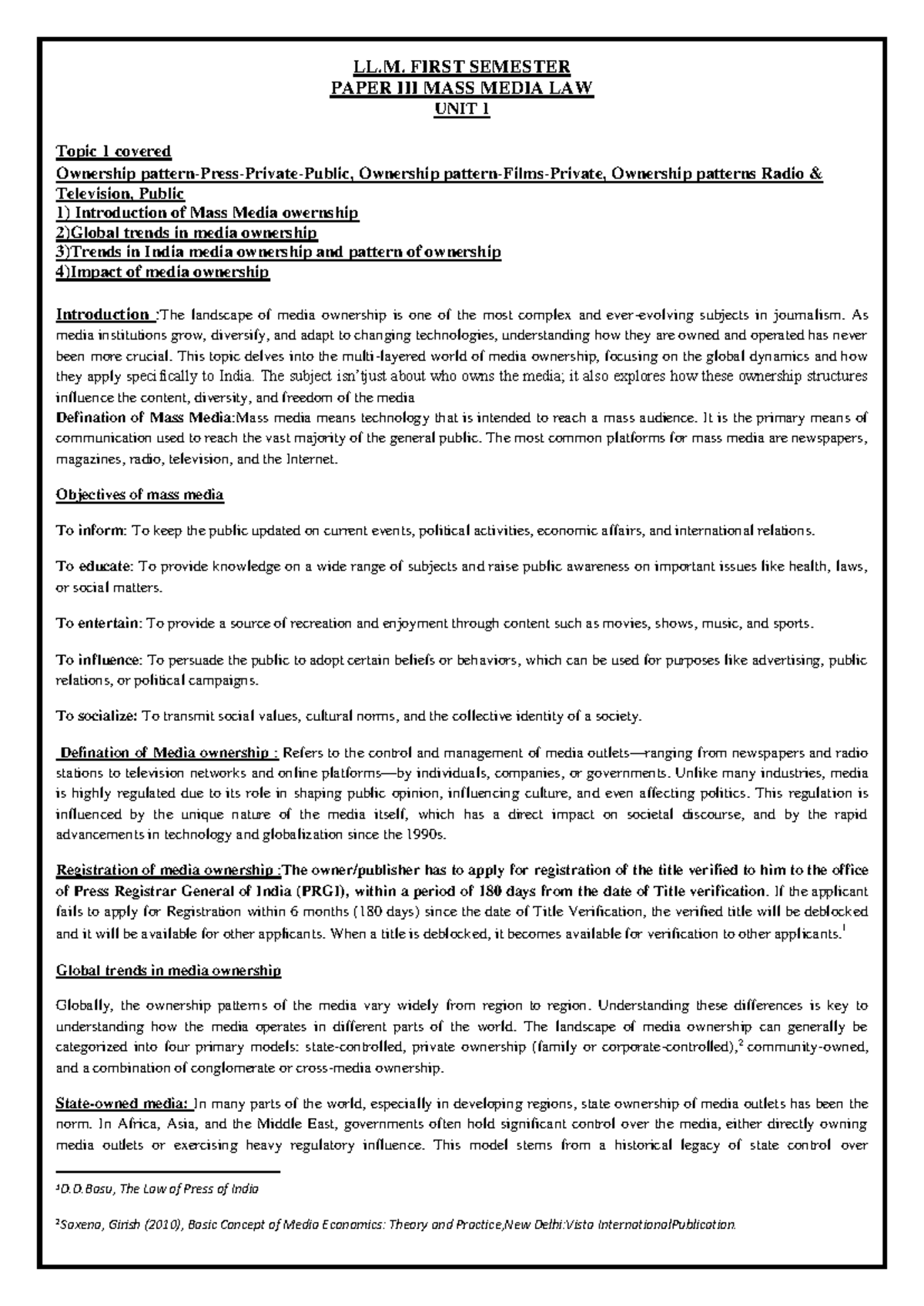 LL.M. FIRST SEMESTER PAPER: MASS MEDIA LAW - UNIT 1 OVERVIEW - Studocu