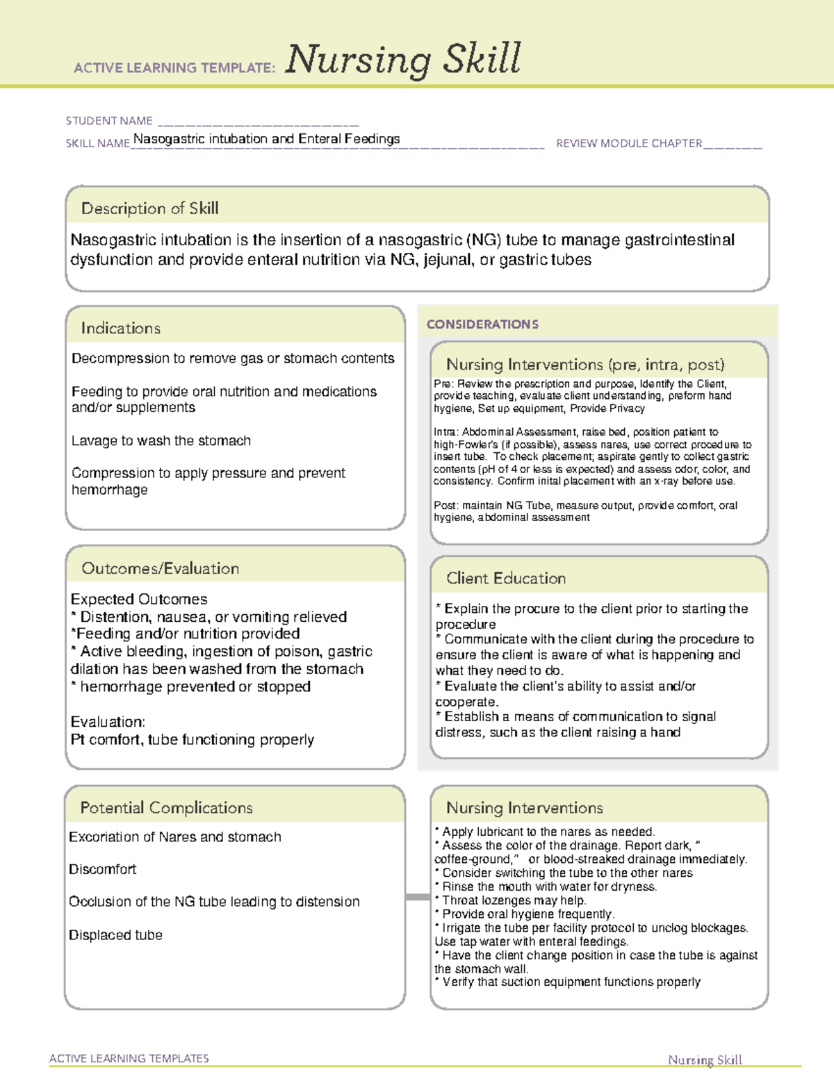ATI Nursing Skill Active Learning Template: NGT Intubation & Care - Studocu