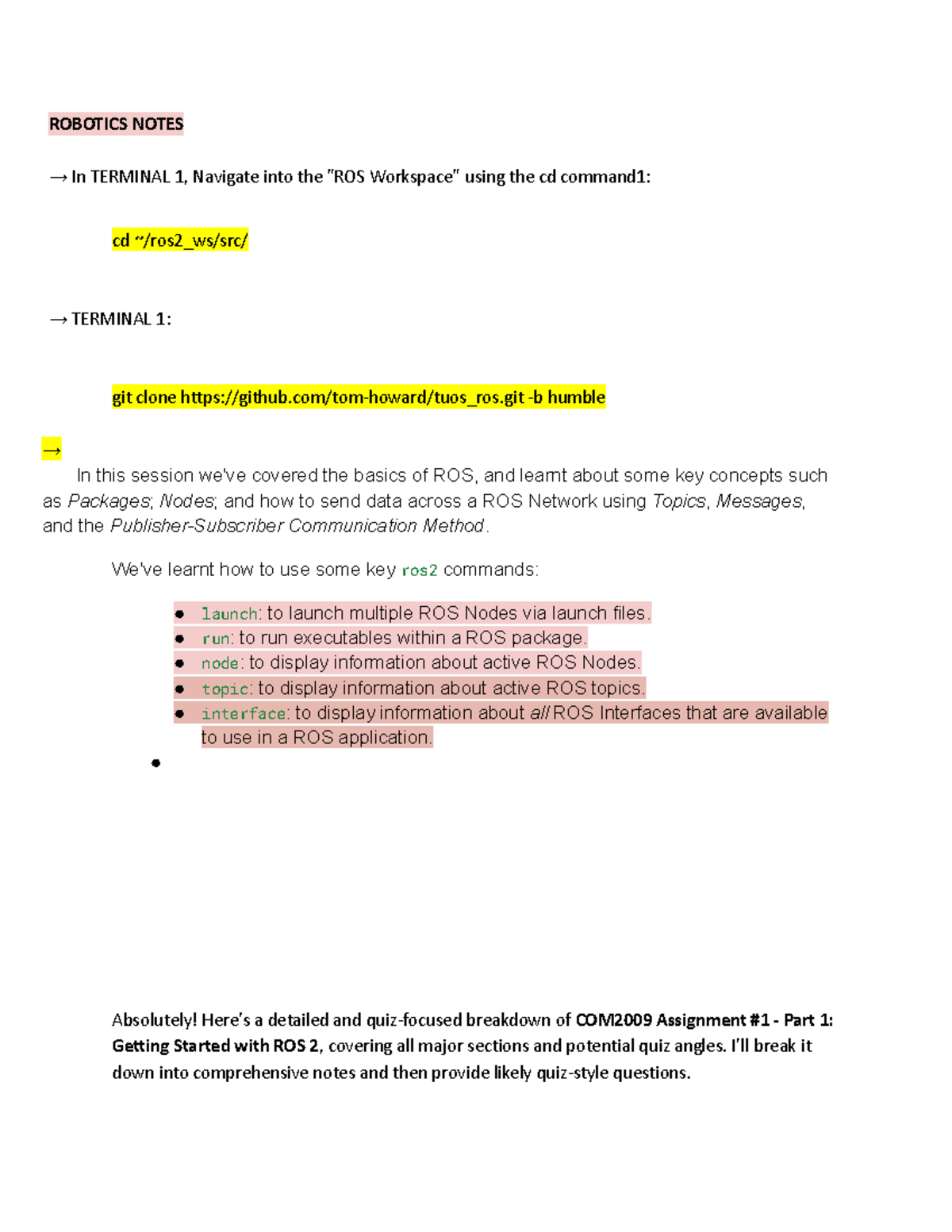 COM2009 Robotics Notes: Key Concepts, Exercises, and Quiz Prep - Studocu