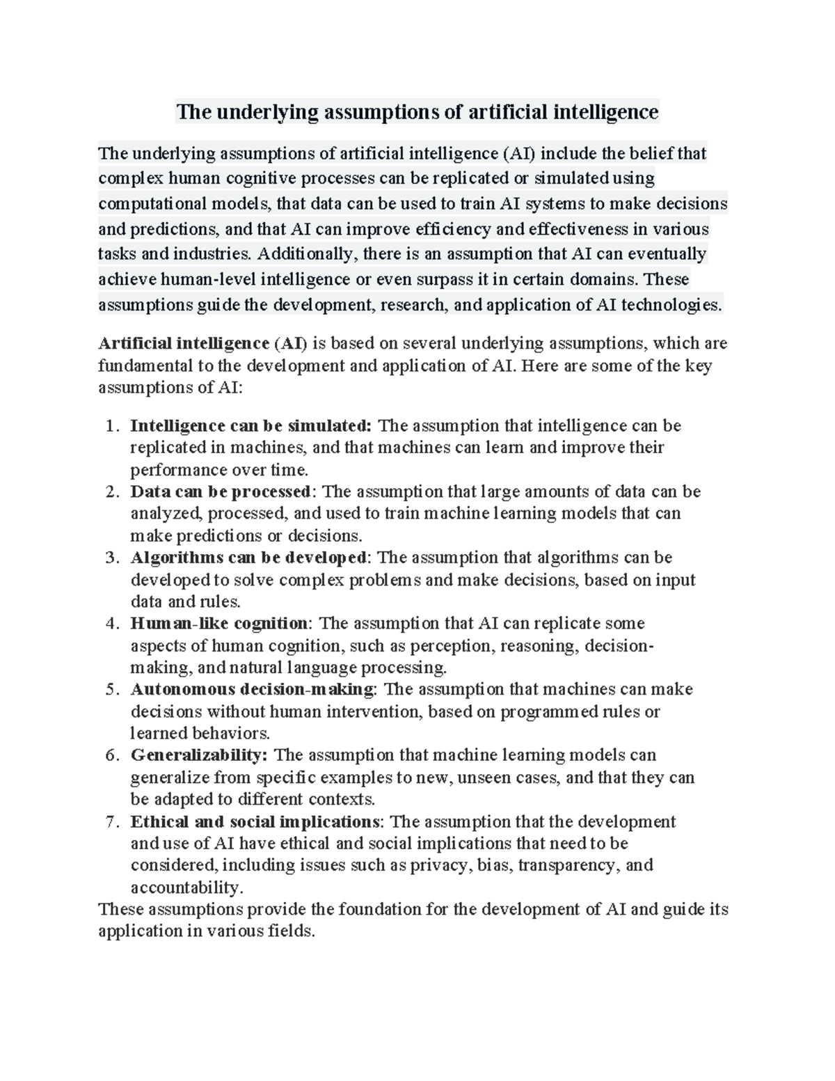 The underlying assumptions of artificial intelligence - Additionally ...