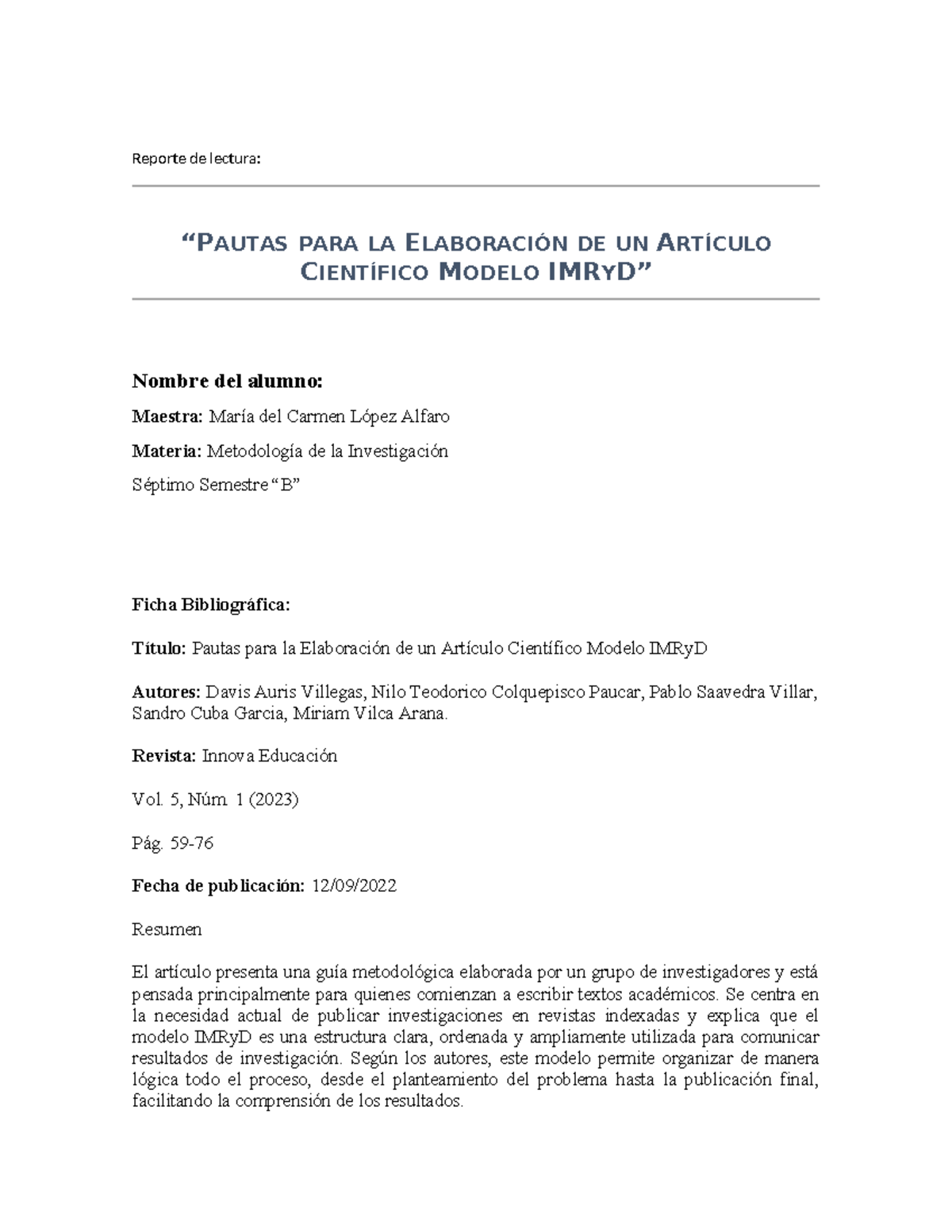 Reporte de lectura: Elaboración de Artículo Científico Modelo ...