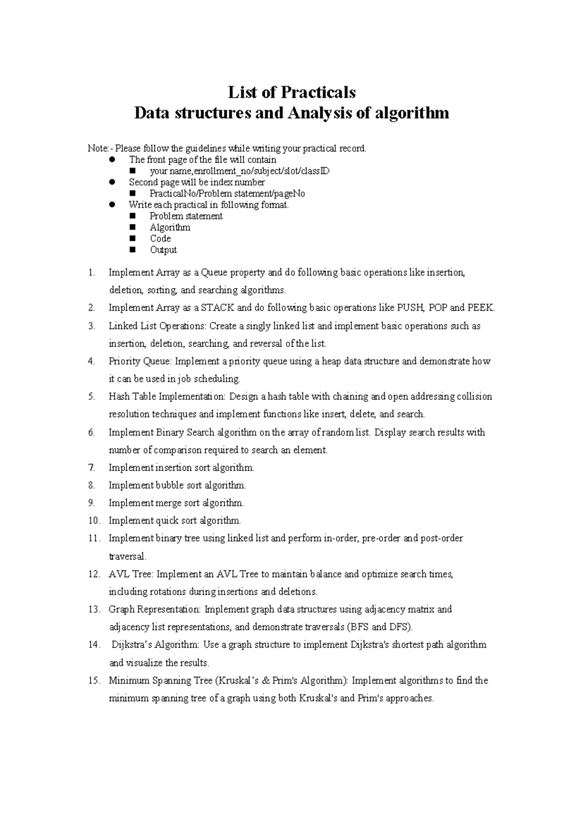 DSA Practical List: Data Structures & Algorithms Implementations - Studocu