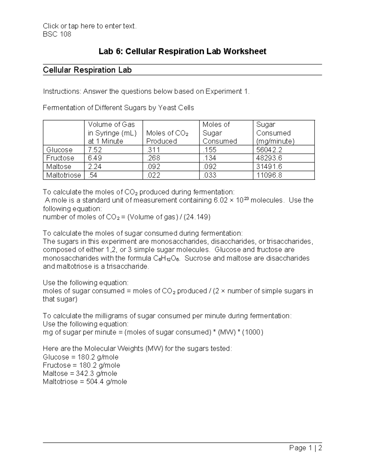 BSC 108 Lab 6: Cellular Respiration Experiment Worksheet - Studocu