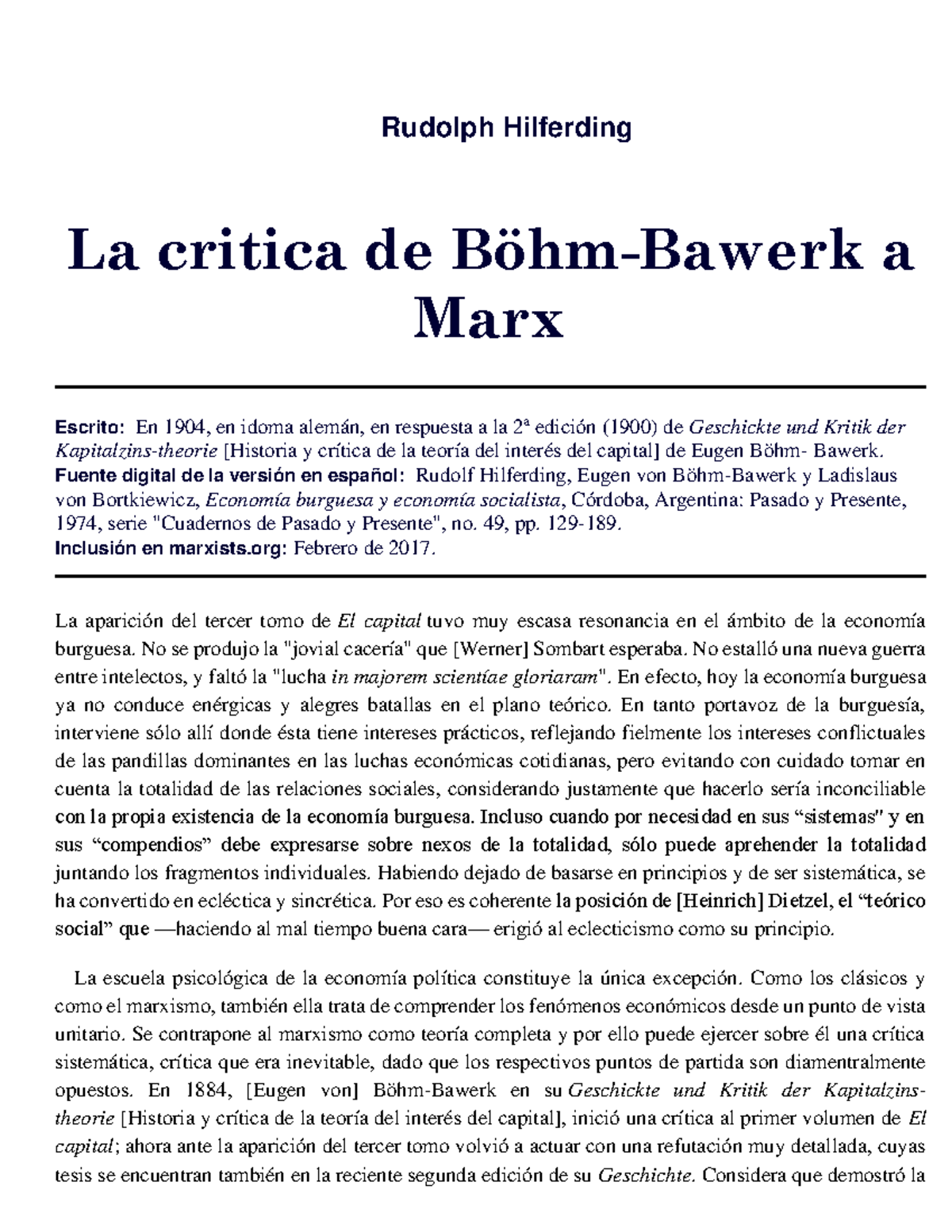 Rudolph Hilferding: Crítica de Böhm-Bawerk a Marx (Economía, 1904 ...