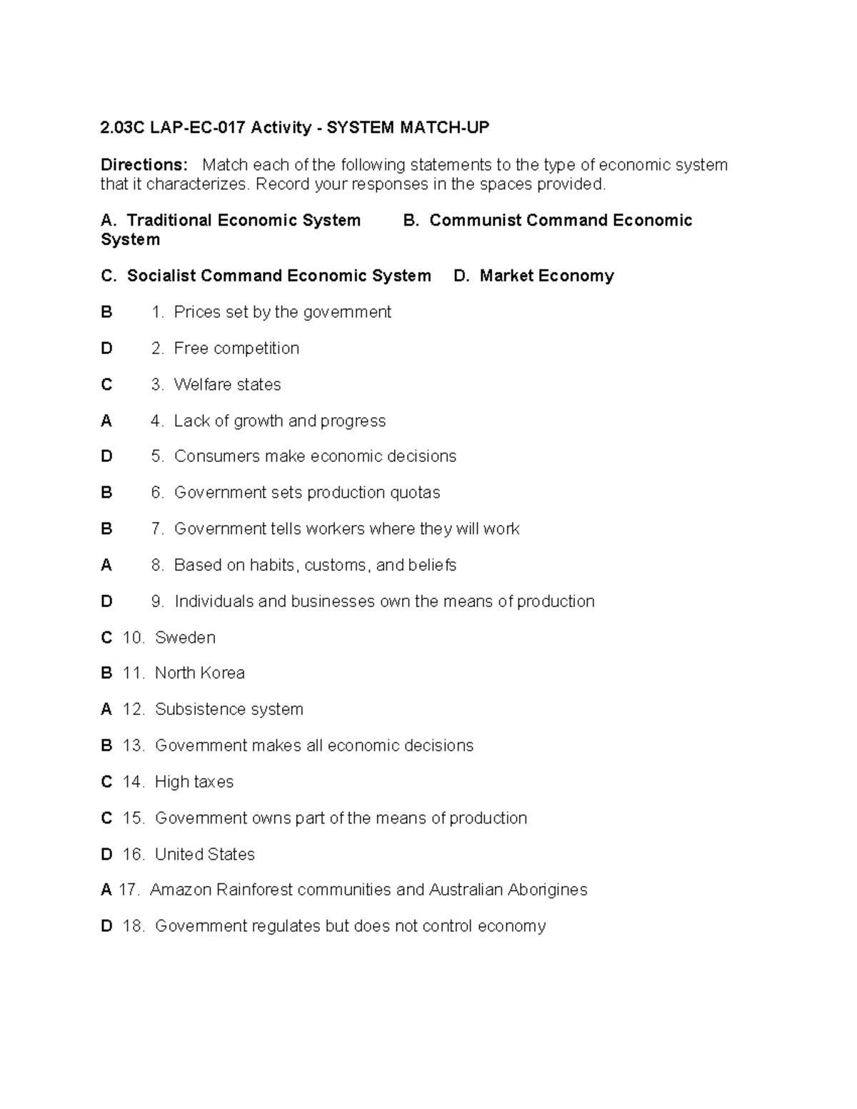 2.03 Day 1 Student Activities: Economic System Match-Up Activity - Studocu