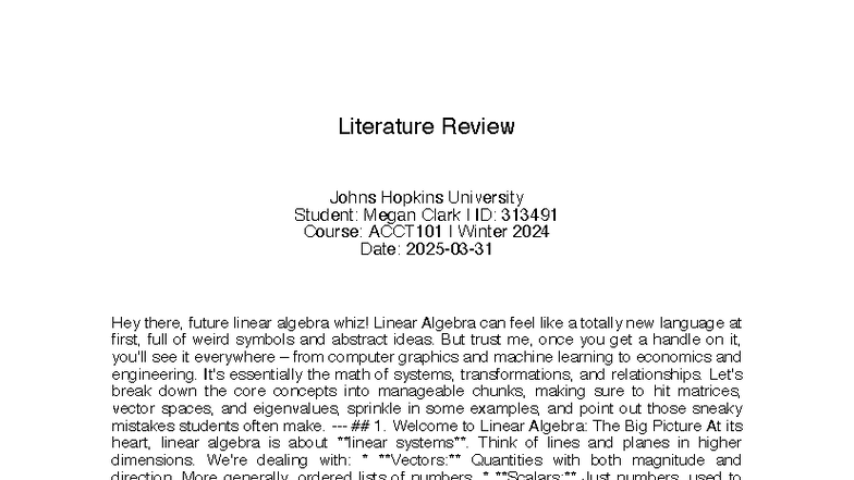 ACCT101 Winter 2024: Linear Algebra Literature Review - Studocu