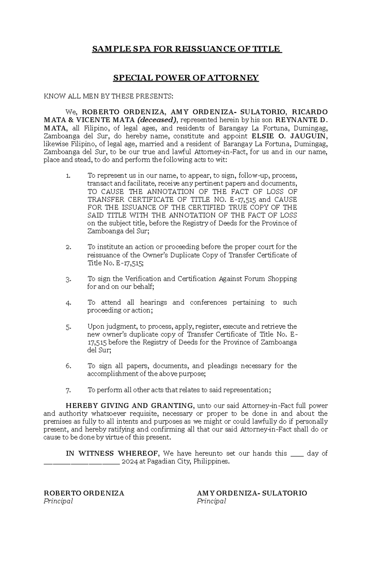 Sample Special Power OF Attorney fabian reissuance of title court ...