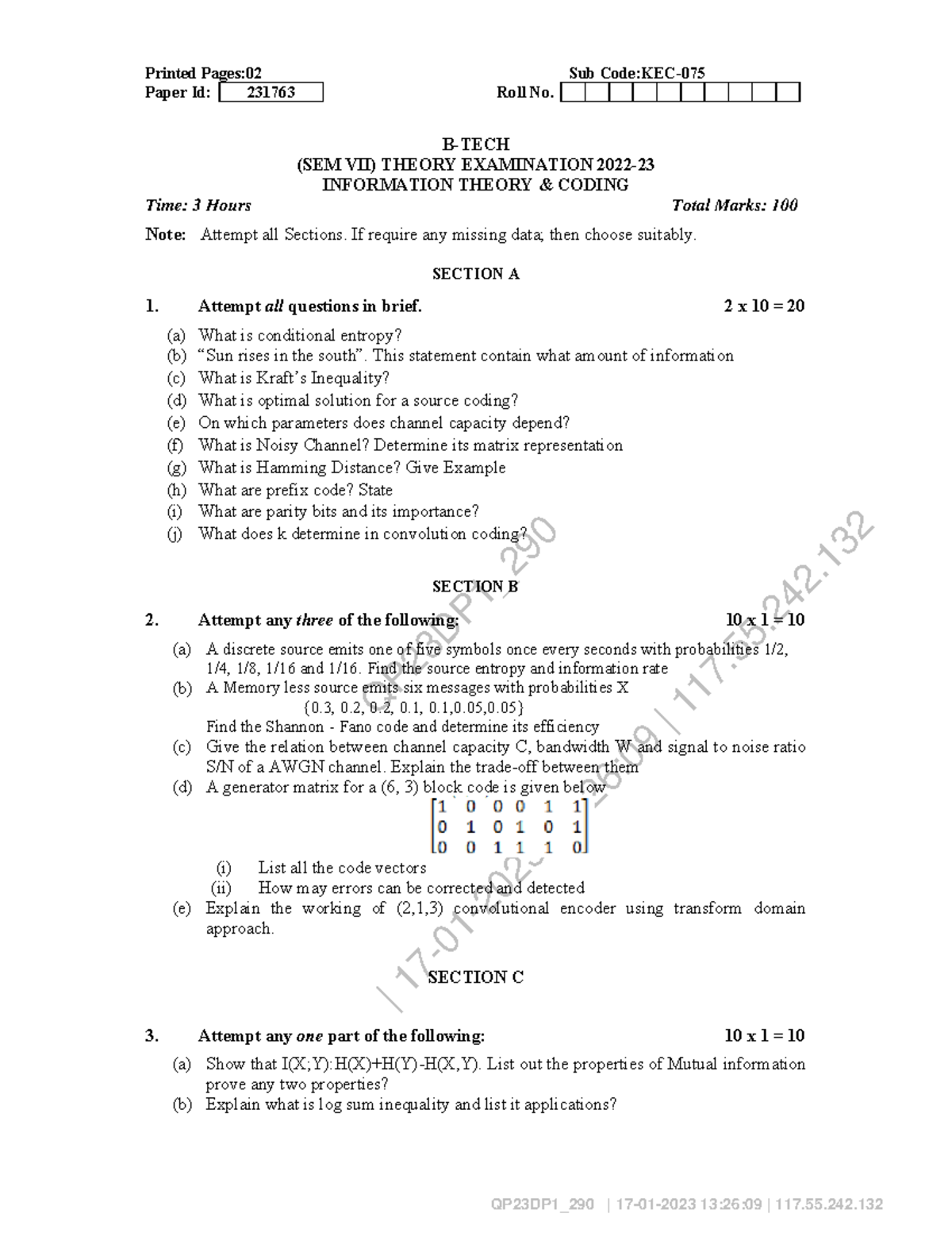 Information Theory & Coding Notes - KEC075 - B-Tech Sem VII - Studocu