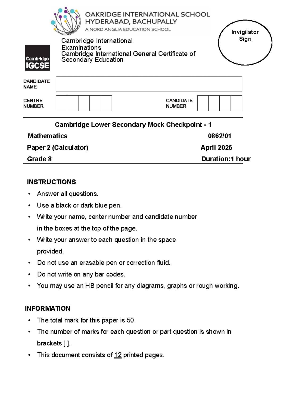 CAIE G8 MATH P2 Mock Checkpoint 1 Exam Paper April 2026 - Studocu