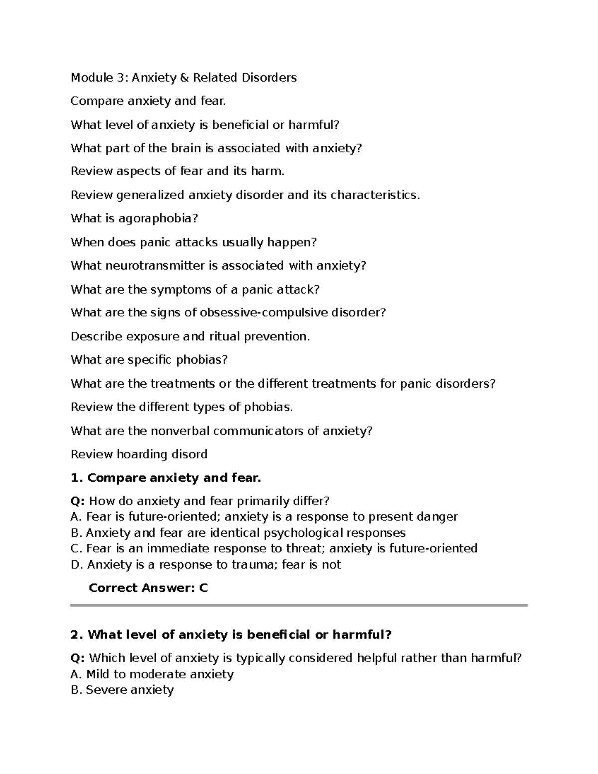 Quiz 3: Anxiety Disorders & Fear - Key Concepts and Treatments - Studocu