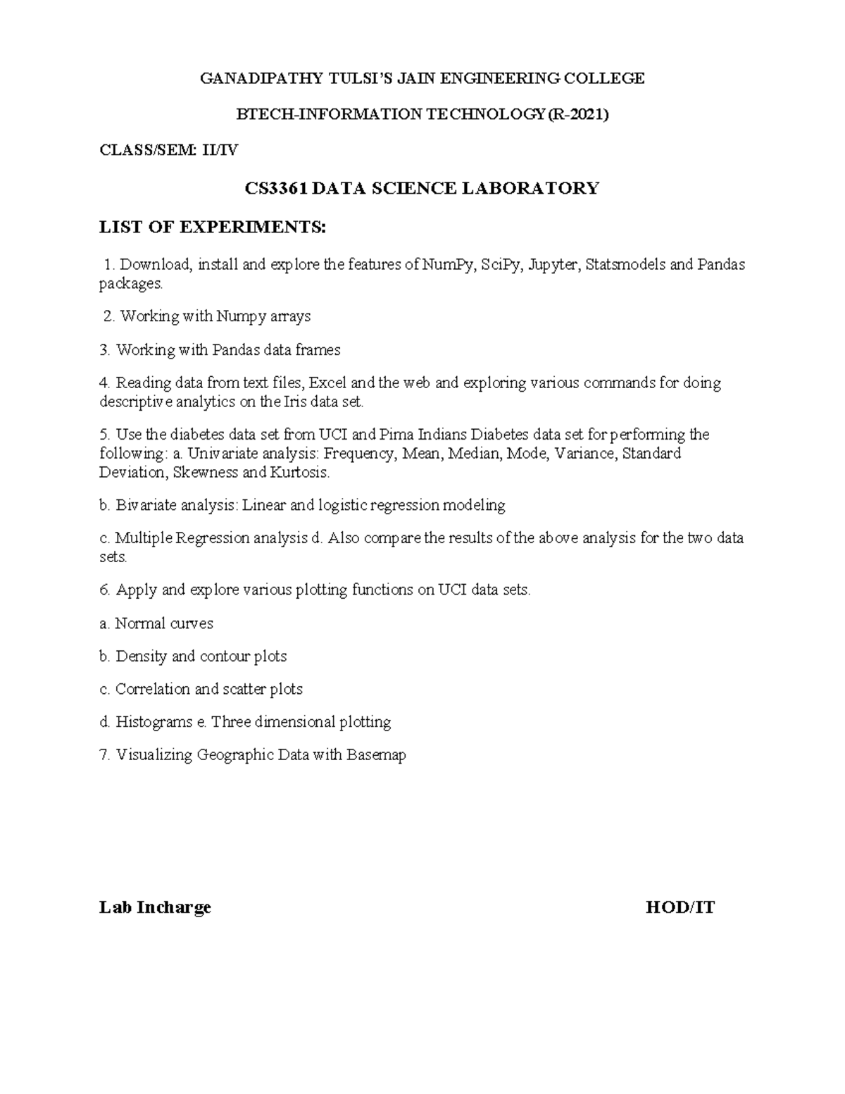 CS3361 Data Science Lab Manual - Experiments Overview and Guidelines - Studocu