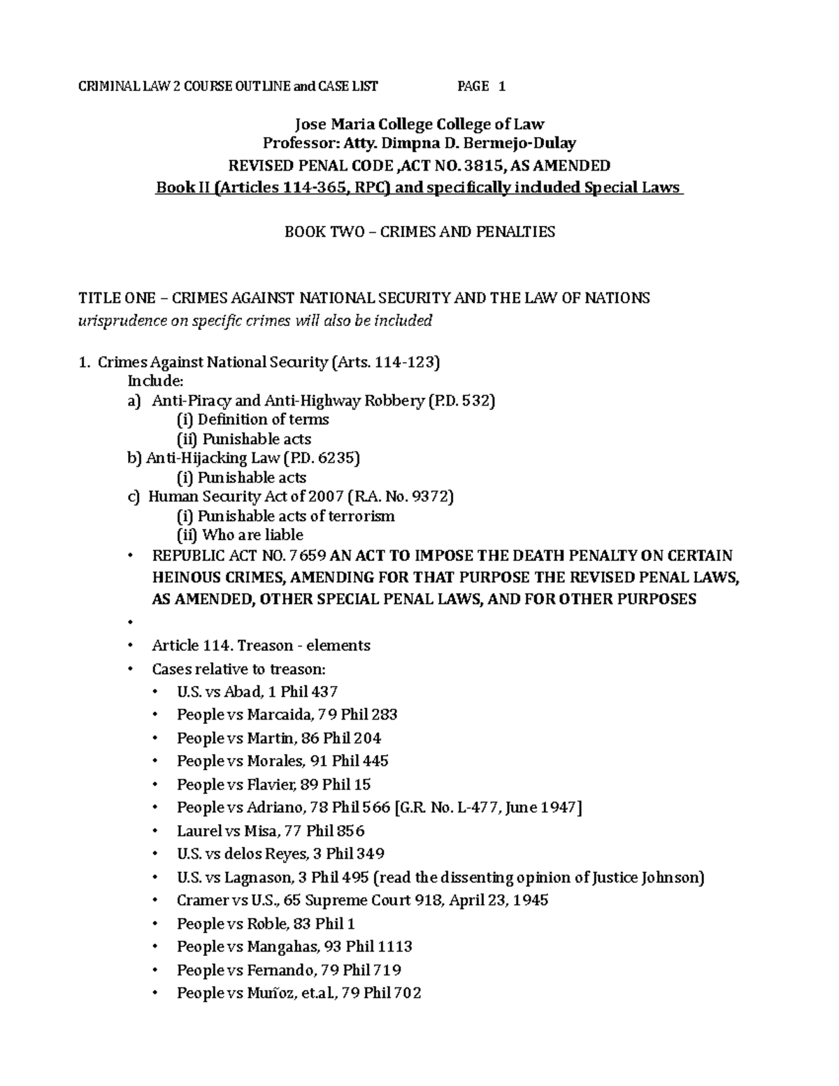 CRIMINAL LAW 2 SYLLABUS: OUTLINE & CASE LIST - Studocu
