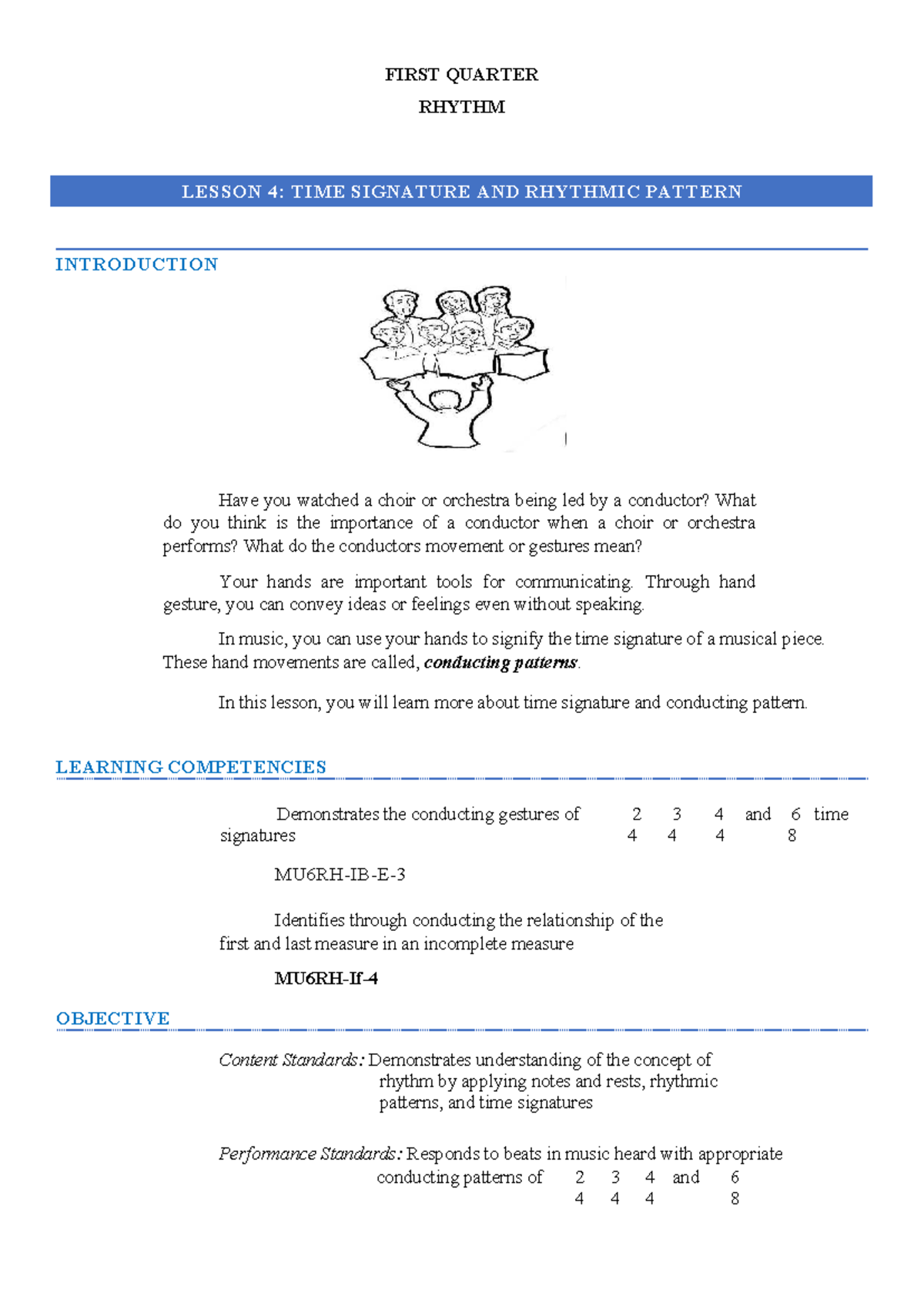 540053491 1stQ Lesson 4: Time Signature & Conducting Patterns - Studocu