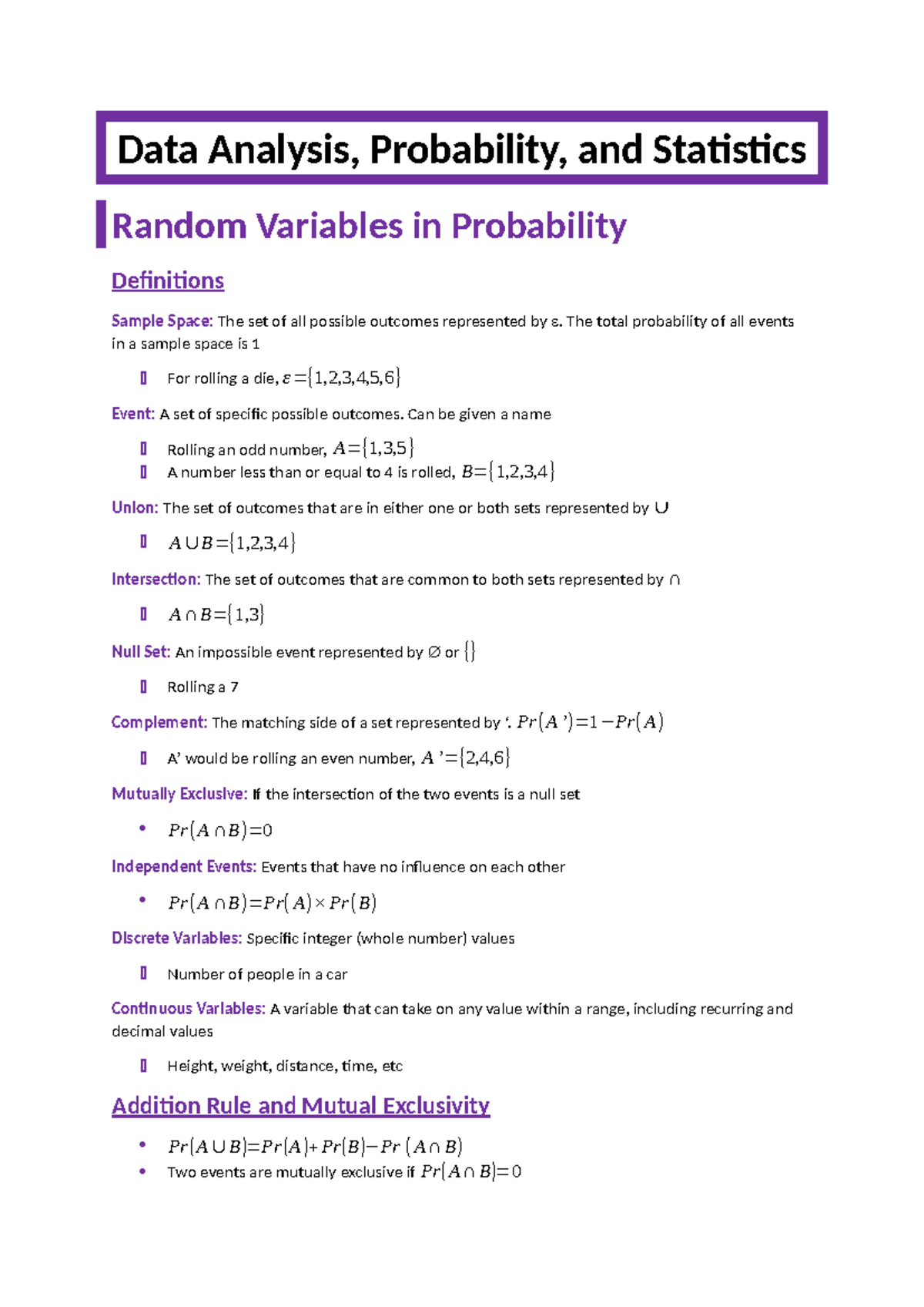Data Analysis and Probability: Random Variables and Definitions (STAT 101) - Studocu