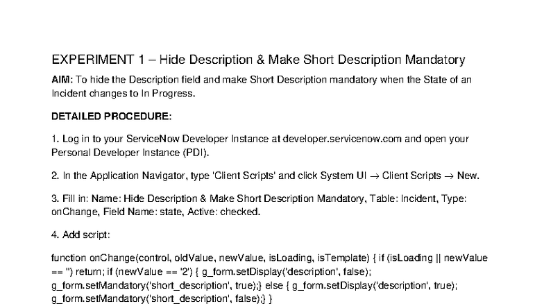 ServiceNow Lab Experiments: Incident Management Scripts - Studocu