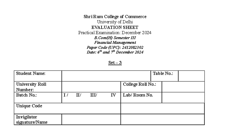 B.Com(H) Financial Management Practical Exam Evaluation Sheet UPC ...