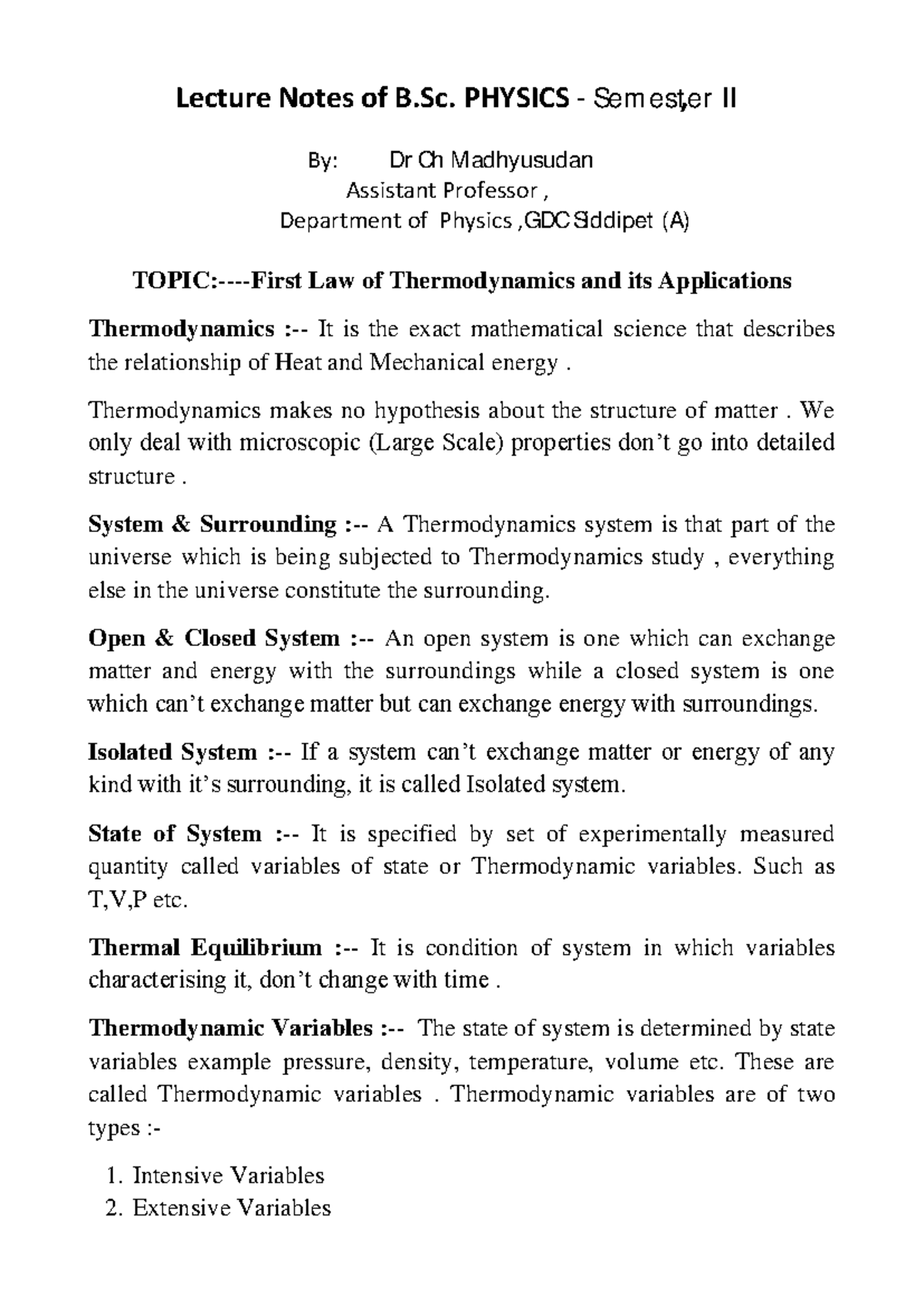 Lecture Notes: B.Sc. PHYSICS II Sem - Thermodynamics Concepts - Studocu