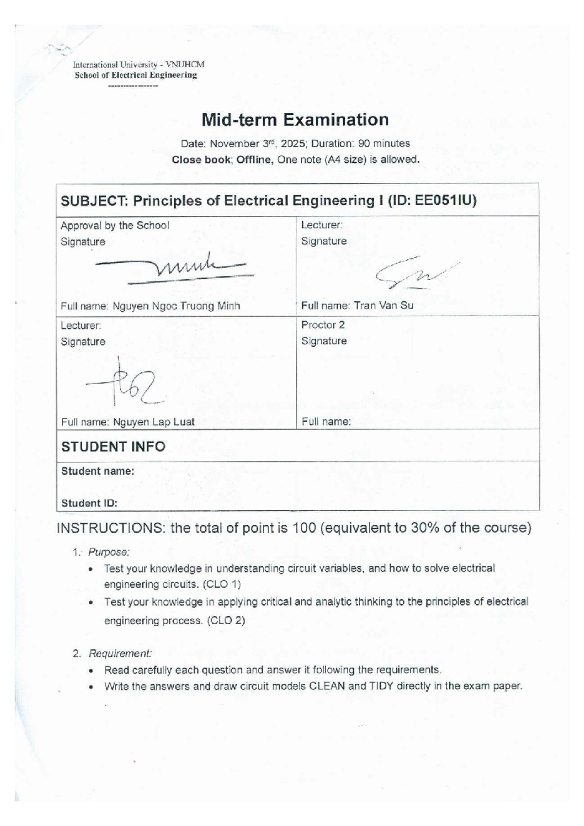 Principles of Electrical Engineering I (EE051IU) Midterm Exam Guide ...
