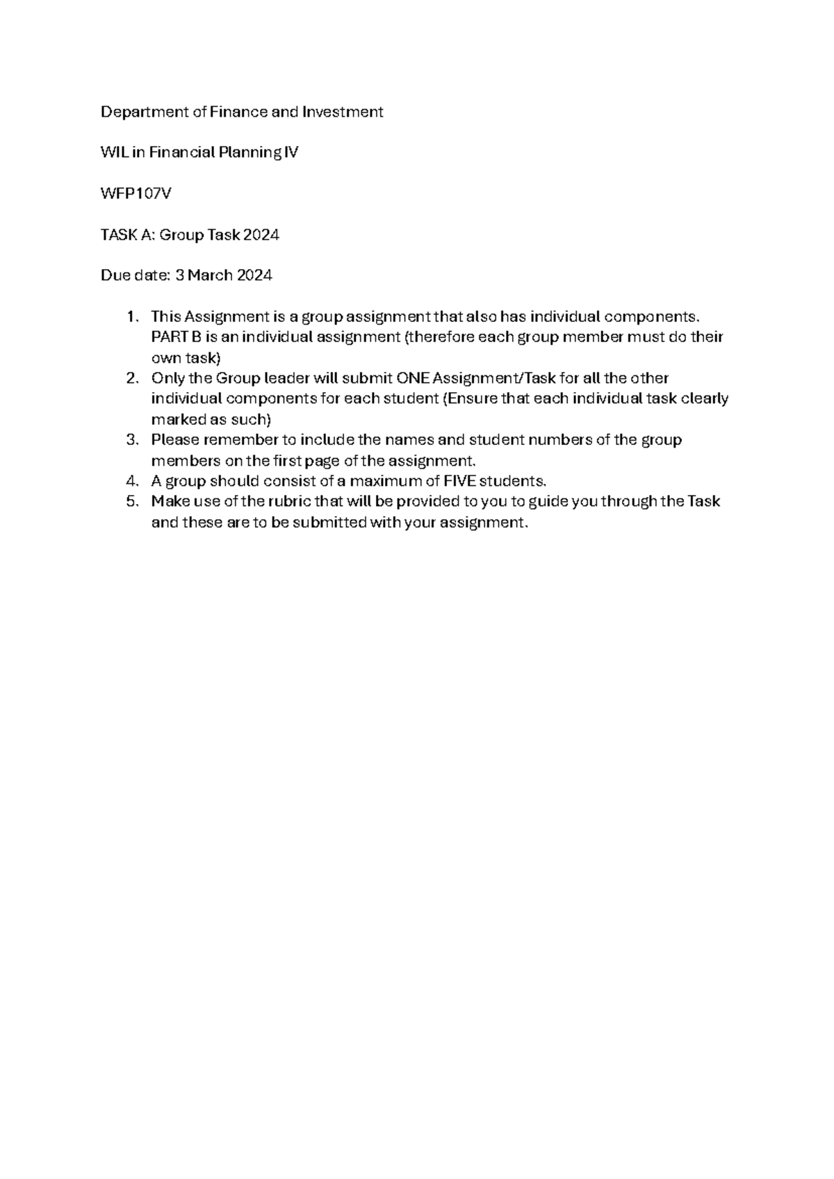 WFP107V - Group Assignment Task A (WIL) in Fin Planning IV 2024 - Studocu