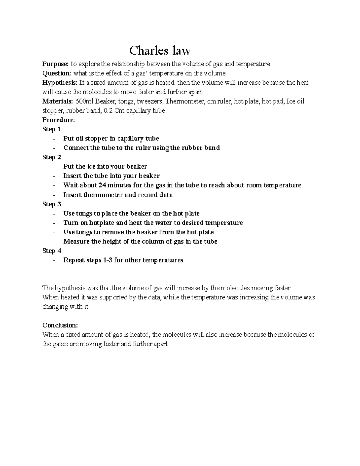 Charles Law Experiment Worksheet - Relationship of Gas Volume & Temp ...