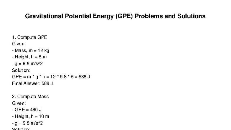 GPE Problems & Solutions: Physics 101 Final Exam - Studocu