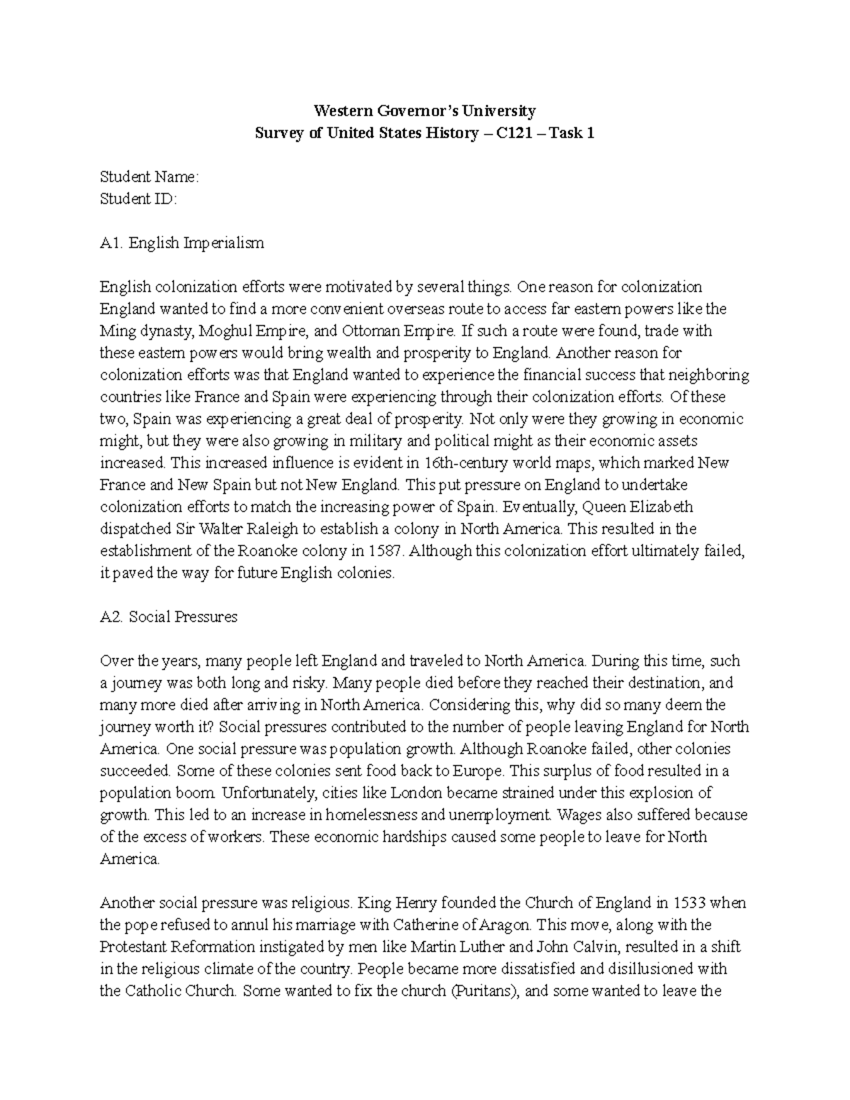 C121 Task 1: English Imperialism and Social Pressures in U.S. History ...