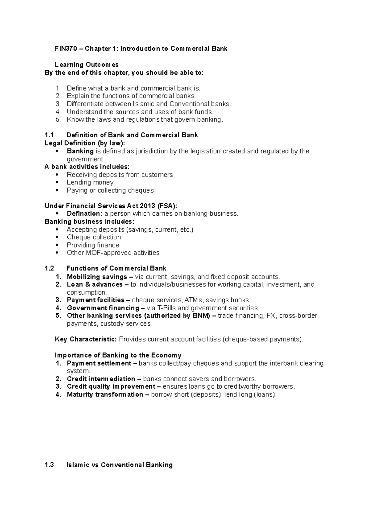 FIN370 Chapter 1 & 3: Intro to Commercial Banking & Customer Accounts ...